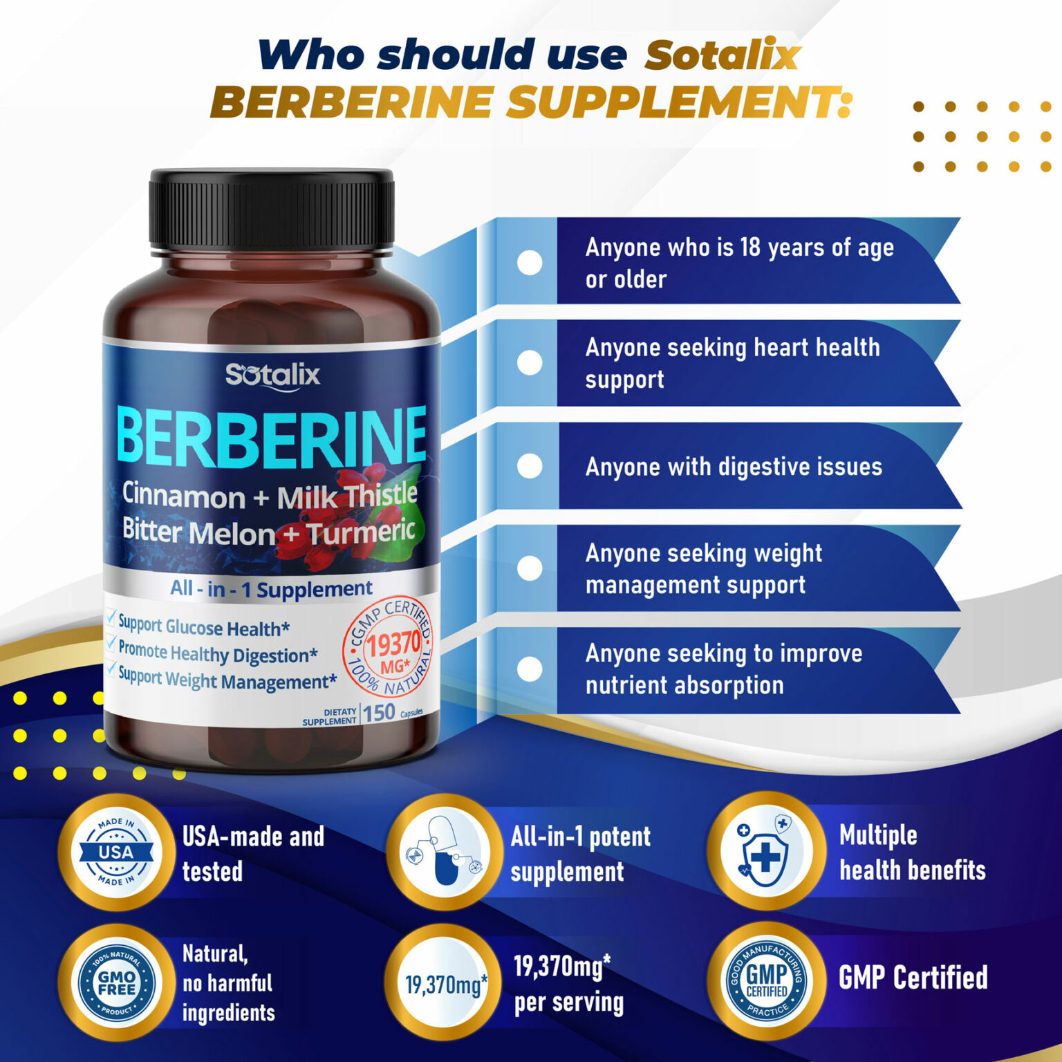 SOTALIX Premium Berberine 19,370mg Plus Ceylon Cinnamon, Bitter Melon ...