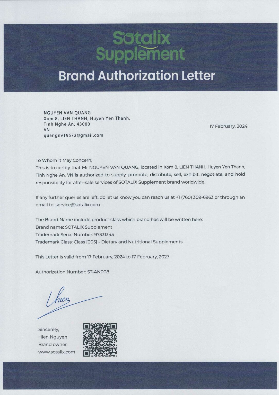 Brand Authorization Letter – Sotalix Supplement