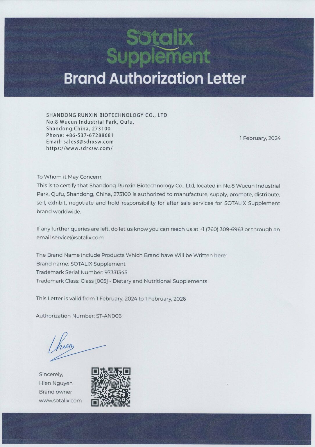 Brand Authorization Letter – Sotalix Supplement